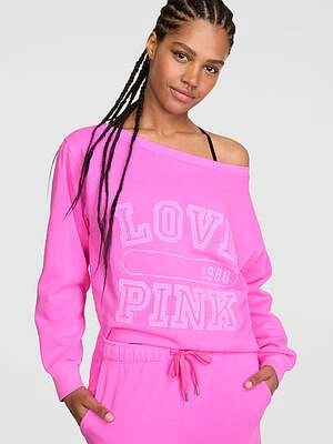 Pink Campus Fleece Rib Off-The-Shoulder Sweatshirt Pink