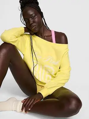Pink Campus Fleece Rib Off-the-shoulder Sweatshirt - Yellow