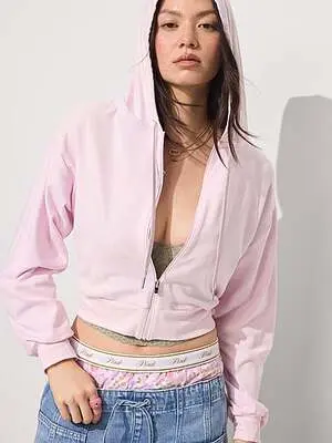 Pink Soft Modal Bubble-sleeve Full-zip Cropped Hoodie - Pink