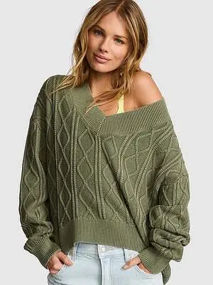 Pink Oversized Cable Knit V-neck Sweater - Green