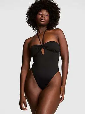 Pink Strapless Cut-out One-piece Swimsuit - Black
