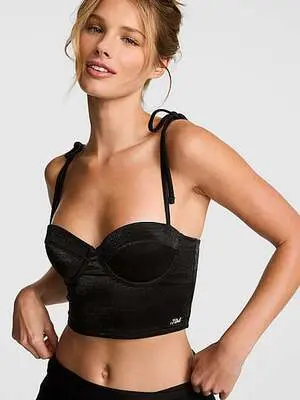 Pink Bow-strap Push-up Tankini Top Black