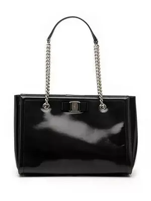 FERRAGAMO 2000-2025 Smooth Calfskin Vara Bow Chain Tote Bag - Black