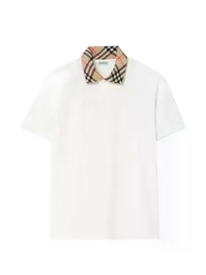 Burberry Check Collar Cotton Polo Shirt - White