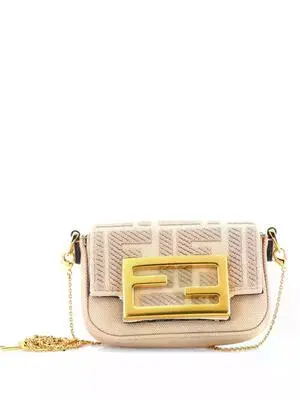 Fendi Chain Baguette Charm Bag Zucca Embroidered Canvas Nano Crossbody Bag - Neutrals