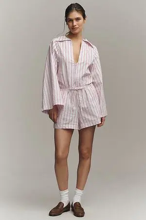 Faithfull The Brand Aksel Long-sleeve V-neck Romper - Pink Stripe