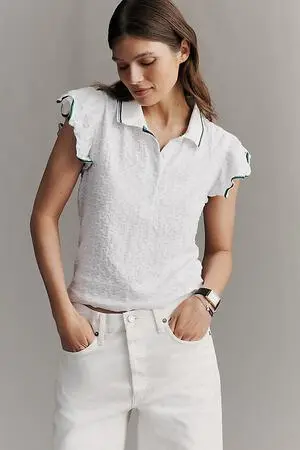Maeve Flutter-sleeve Polo Top Bright White