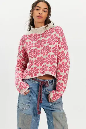 Free People Patterned Rollneck Knit Sweater - Raspberry Combo