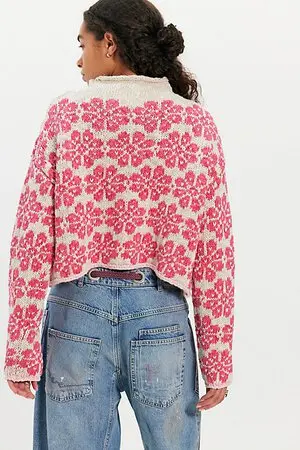 Free People Patterned Rollneck Knit Sweater - Raspberry Combo