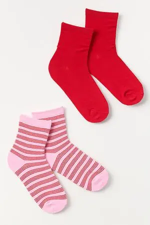 Anthropologie Striped And Solid Crew Socks, Set Of 2 - Red Stripe