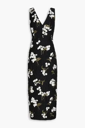 Erdem Floralappliquéd Woolblend Cloqué Midi Dress - Black