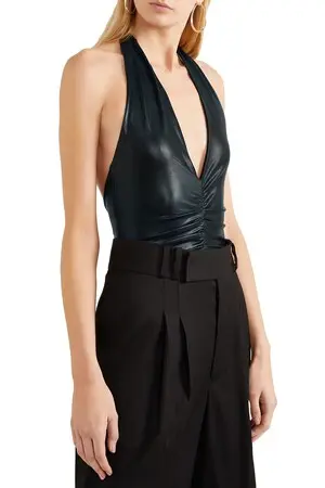 Halston Kate Ruched Stretch-lamé Halterneck Bodysuit