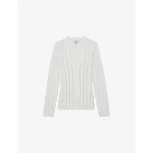 REISS Loui Open-stitch V-neck Knitted Jumper - White