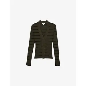 REISS Lauralee Stripe Ribbed Knitted Top - Khaki Green Black