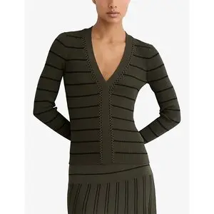 REISS Lauralee Stripe Ribbed Knitted Top - Khaki Green Black