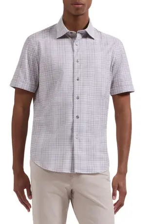 Bugatchi Miles Ooohcotton® Shadow Plaid Short Sleeve Button-up Shirt - Limestone
