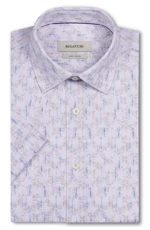 Bugatchi Miles Ooohcotton® Sketched Guitar Print Short Sleeve Button-up Shirt - Sand