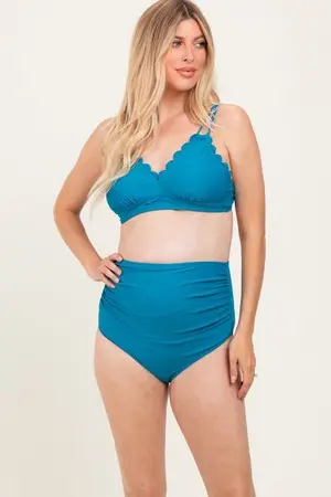 PINKBLUSH Scalloped V-neck High-waist Two-piece Swimsuit - Teal