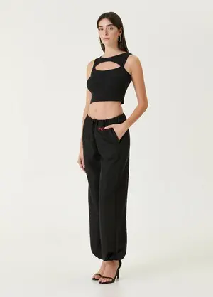 PCFG Ribbed Cropped Tank Top With Boatneck And Cut-out - Black