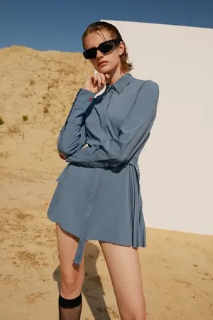 PCFG Free Heaven" Pleated Mini Shirt Dress - Blue
