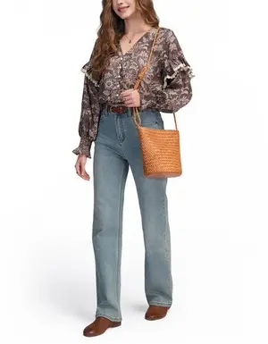 OLD TREND Reed Genuine Leather Woven Barrel Crossbody Bag - Tan