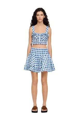 Sandro Short Gingham Linen Skirt