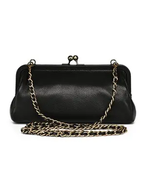 OLD TREND Iris Genuine Leather Vintage Frame Crossbody Bag With Chain Strap And Wristlet - Black