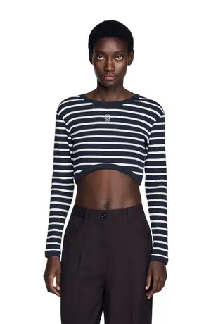 Sandro Cropped Striped Cotton T-shirt - Marine/blanc