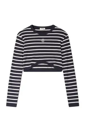 Sandro Cropped Striped Cotton T-shirt - Marine/blanc