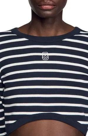 Sandro Cropped Striped Cotton T-shirt - Marine/blanc