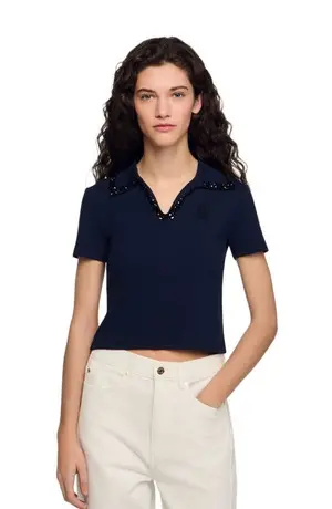 Sandro Cropped Polo With Beaded Collar