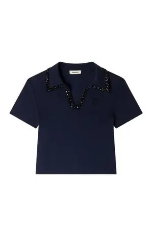 Sandro Cropped Polo With Beaded Collar