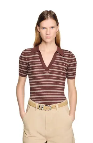Sandro Striped V-neck Polo Sweater