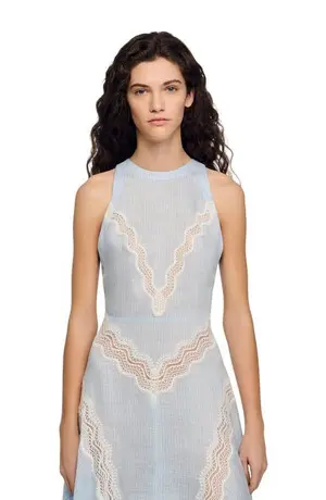 Sandro Maxi Dress With Lace - Ciel/blanc