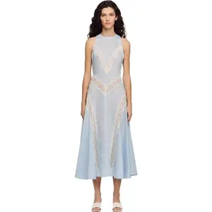 Sandro Maxi Dress With Lace Ciel/blanc