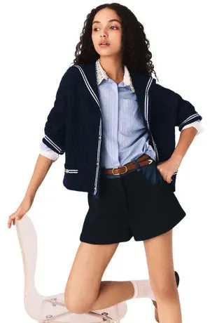 Maje Tweed And Denim Shorts - Navy