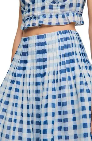 Sandro Long Gingham Linen Skirt - Blu/white