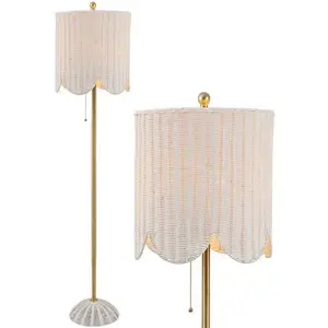 JONATHAN Y Joel Scallop Shade Rattan/metal Led Floor Lamp With Pull Chain - White/brass Gold