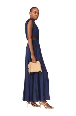 Maje Asymmetrical Pleated Maxi Dress - Navy