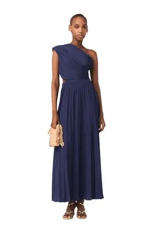 Maje Asymmetrical Pleated Maxi Dress - Navy