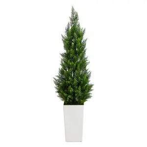 NEARLY NATURAL 4-ft Uv Resistant Artificial Cedar Tree In White Tower Planter - Green