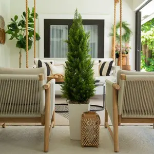 NEARLY NATURAL 4-ft Uv Resistant Artificial Cedar Tree In White Tower Planter