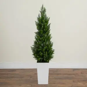 NEARLY NATURAL 4-ft Uv Resistant Artificial Cedar Tree In White Tower Planter