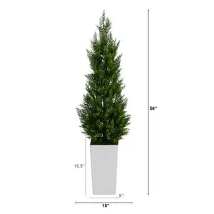 NEARLY NATURAL 4-ft Uv Resistant Artificial Cedar Tree In White Tower Planter
