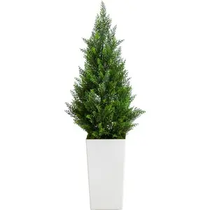 NEARLY NATURAL 3-ft Uv Resistant Artificial Cedar Tree In White Tower Planter - Green
