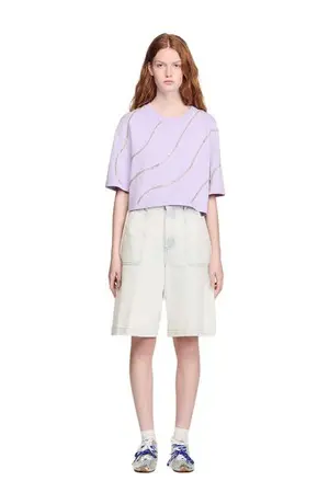 Sandro Rhinestone Trimmed Cropped T-shirt - Mauve