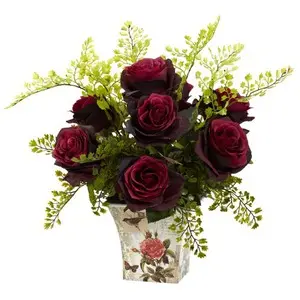 NEARLY NATURAL Rose & Maiden Hair With Floral Planter - Burgundy
