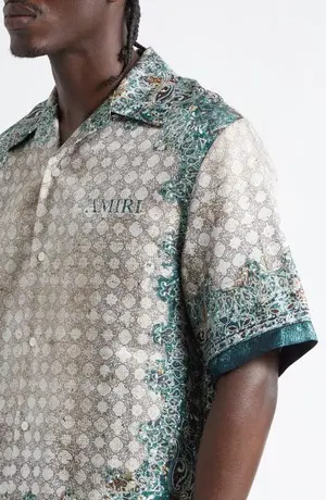 Amiri Monogram Bandana Print Silk Bowling Shirt