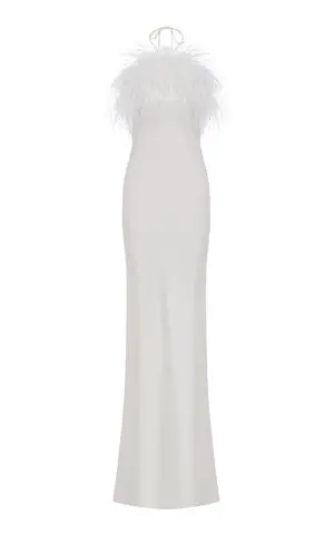 Ila Ada Triangle Neck Feathered Satin Maxi Dress - White