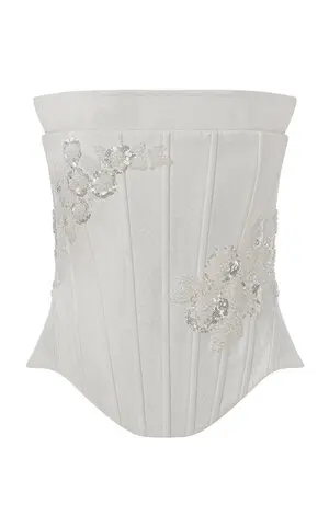 Ila Glynn Jacquard Lace-up Corset With Hand-crafted Appliqué Detailing - White